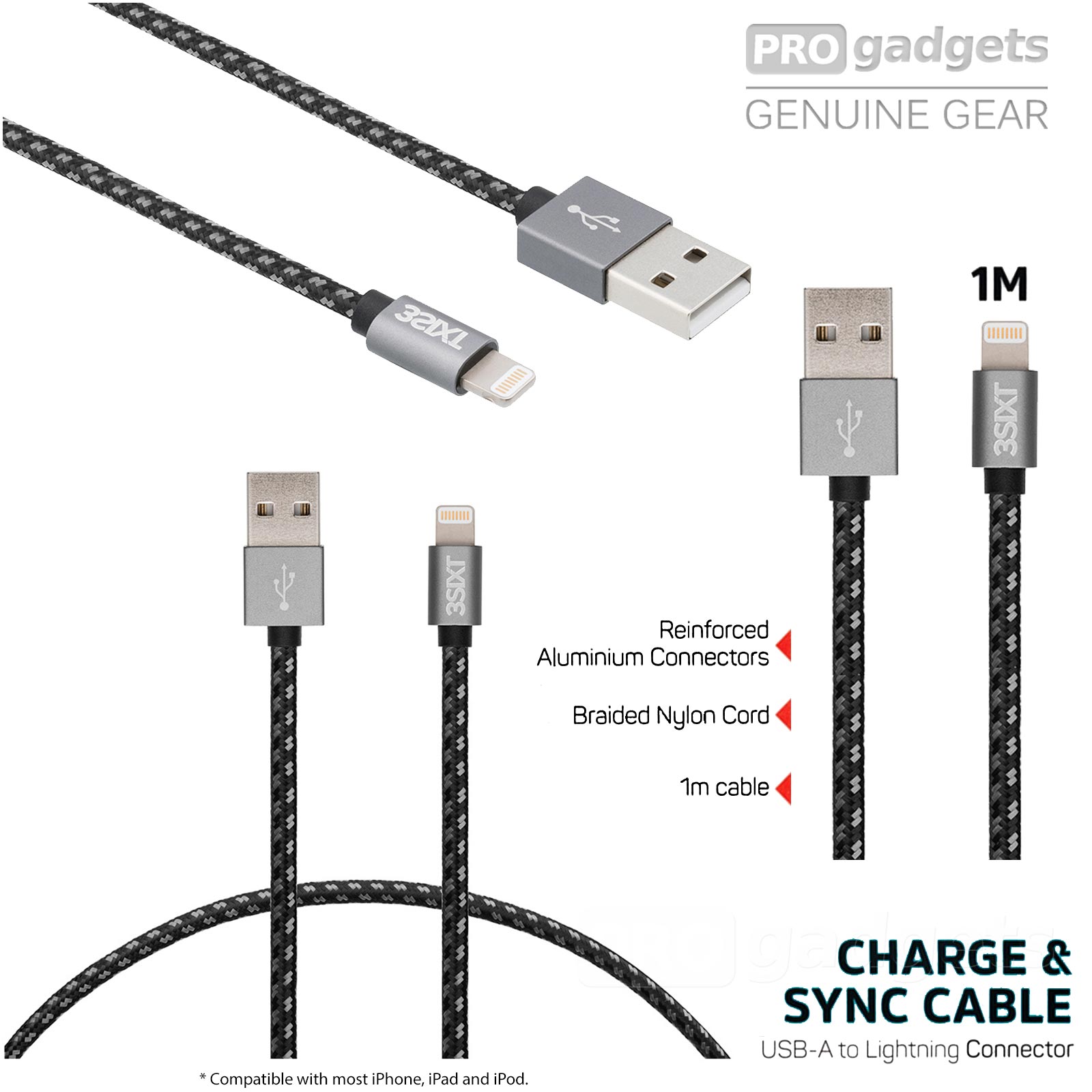 Genuine 3SIXT USB-A to Lightning Charge and Sync 1m Cable for iPhone ...