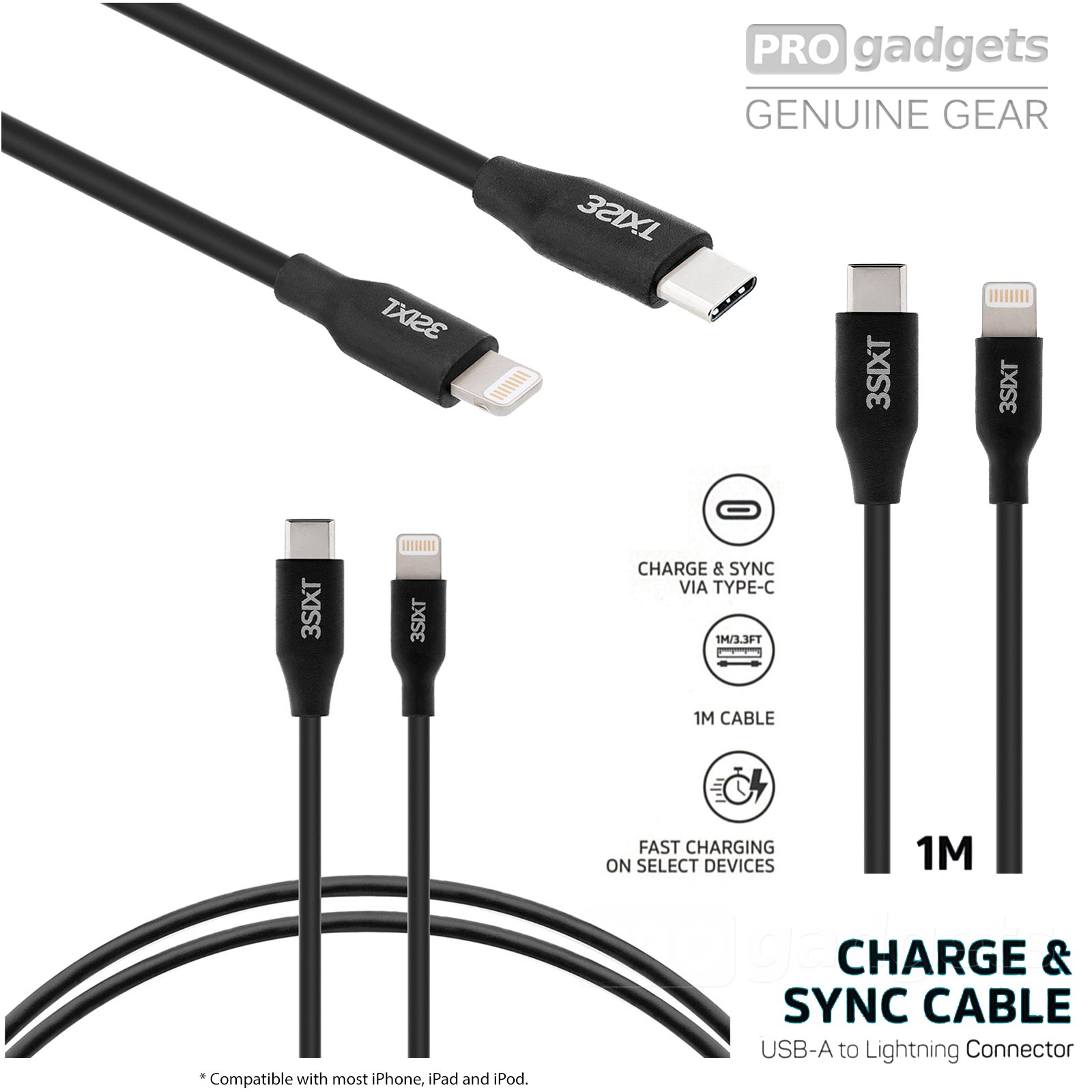 Genuine 3SIXT USB-C to Lightning Charge and Sync 1m Cable for iPhone ...