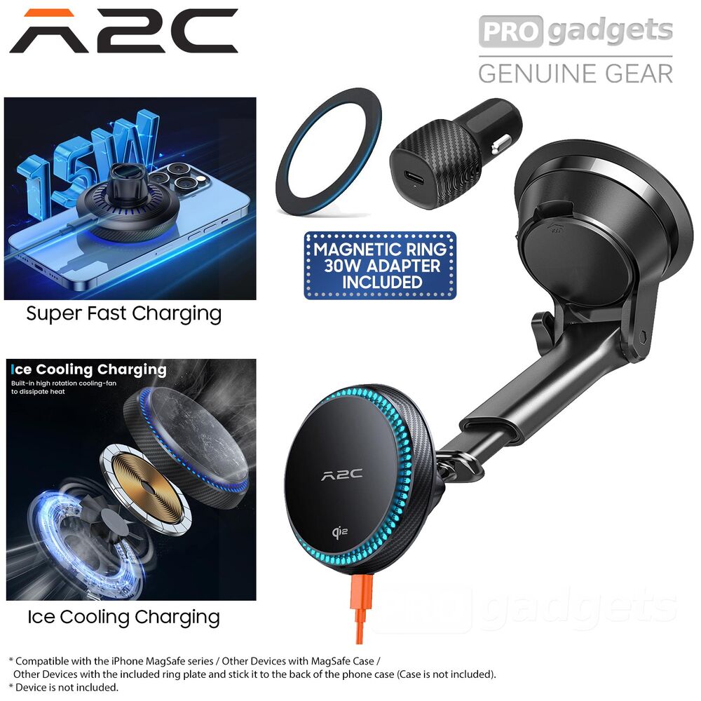 A2C Universal Qi2 15W Windshield Wireless Charger (Car Adapter & Cable ...